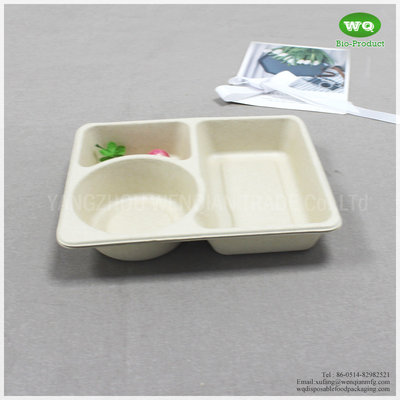 3-Compartments Unbleached Biodegradable  Sugarcane Pulp Tray With Lid,Renewable Resources Biodegradable Food Containers supplier