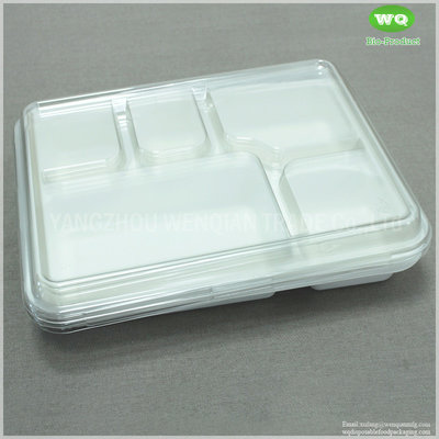 Bleached Color 5 Compartments Sugarcane Pulp Plate With Clear PET Lid-100% Compostable Sugarcane Fiber Plates,Trays supplier