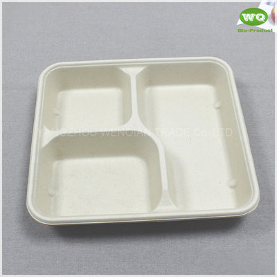 Biodegradable Sugarcane Pulp 3-Coms Square Disposable Lunch Tray With Lid-100% Compostable Disposable Catering Trays supplier