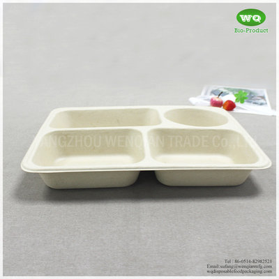 Disposable 4-Compartments Unbleached Bagasse Tray With Lid-Biodegradable Containers / Bento Box / Meal Prep Containers supplier